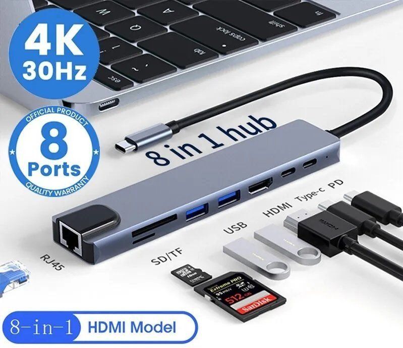 8 in 1 USB-C 3,1 zu 4k HDMI-Adapter HUB Rj45 SD/TF PD (Neu (gemäss ...