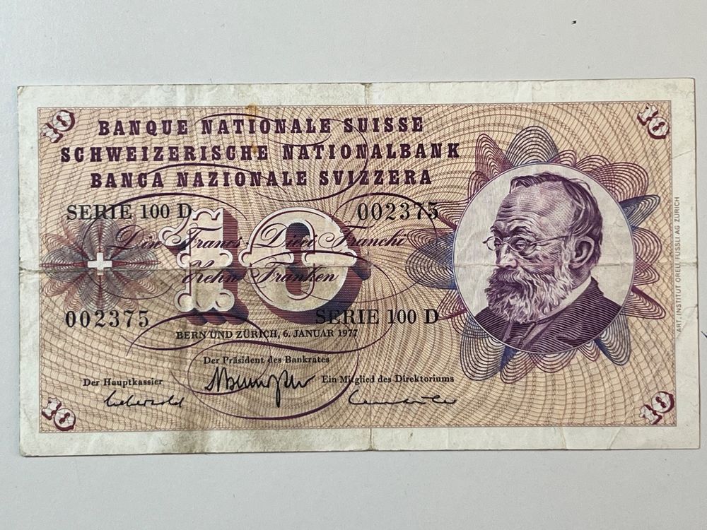 Banknote Schweiz Schweizerfranken CHF 10 Jahr 1977 (Gebraucht) in Vaduz ...