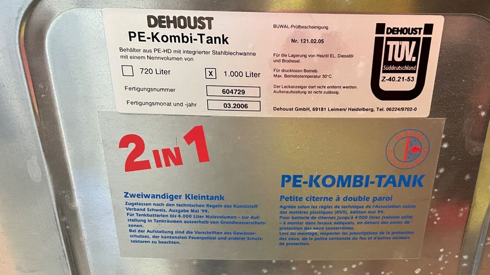 Heizöltank / Dieseltank PE-Kombi DEHOUST 1000L | Kaufen auf Ricardo