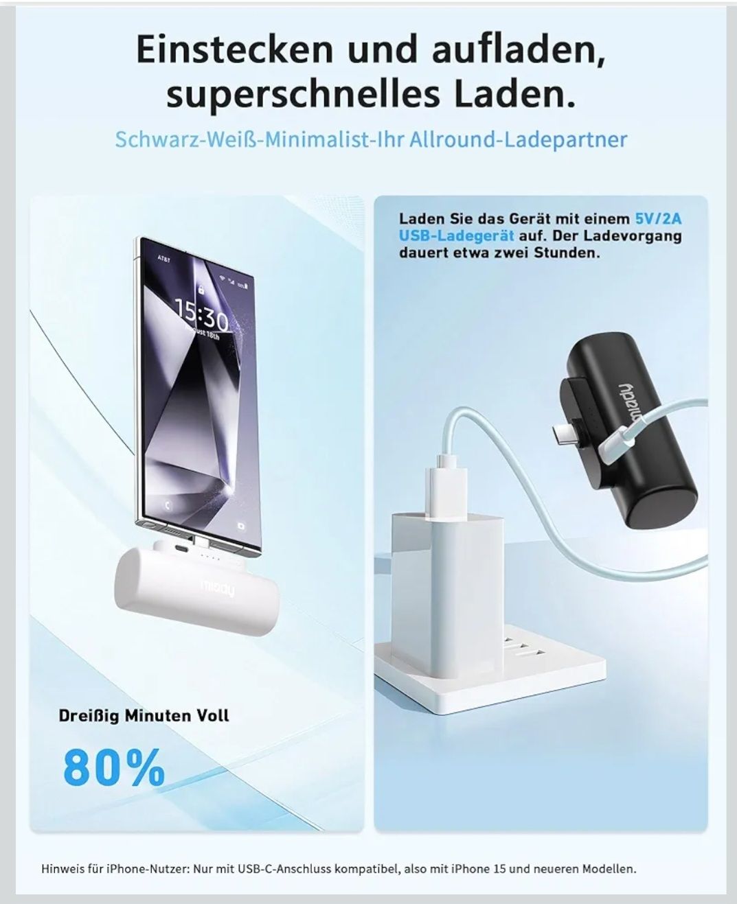 2 Stück Miady Mini Powerbank 5000 mAh – USB-C-Anschluss, (Neu und ...
