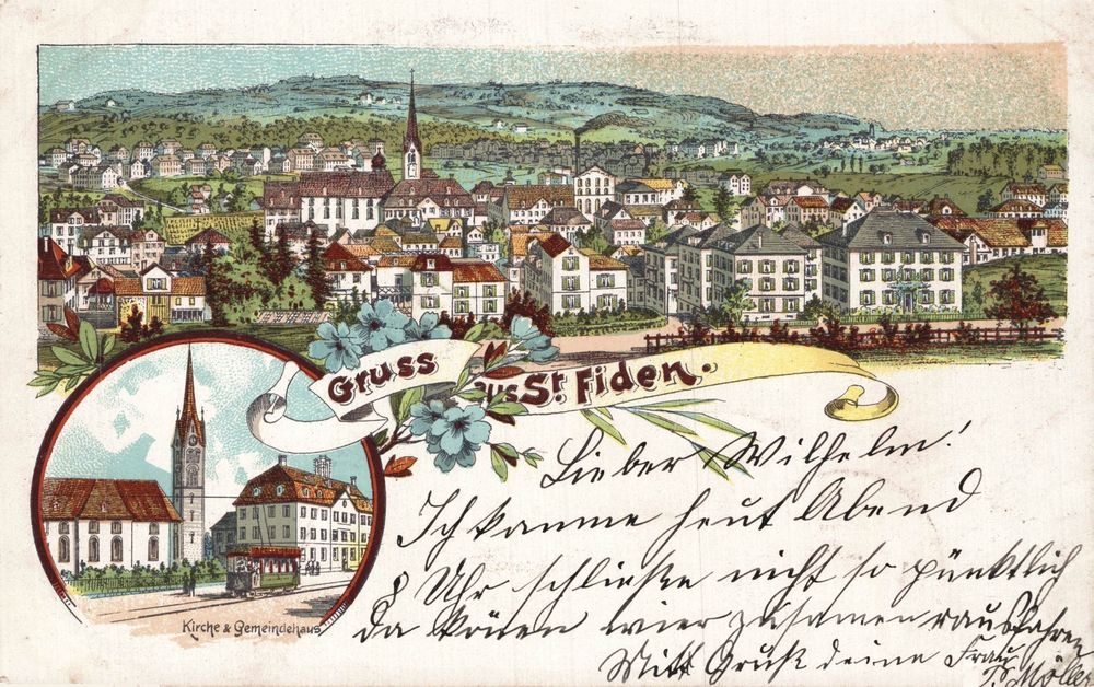 Gruss aus St. Fiden. Kirche und Gemeindehaus, Tram, 1899 (Gebraucht) in Bronschhofen für CHF 18 ...