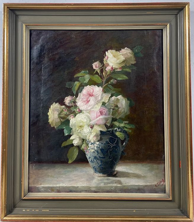 Antikes Stillleben Gemälde Blumen in Vase unleserlich Sign | Kaufen auf Ricardo