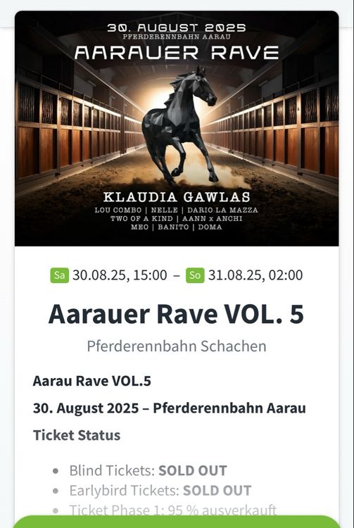 Aarau Rave Vol. 5 | 2 Tickets (Neu und originalverpackt) in Küttigen für CHF 50 – nur Abholung ...