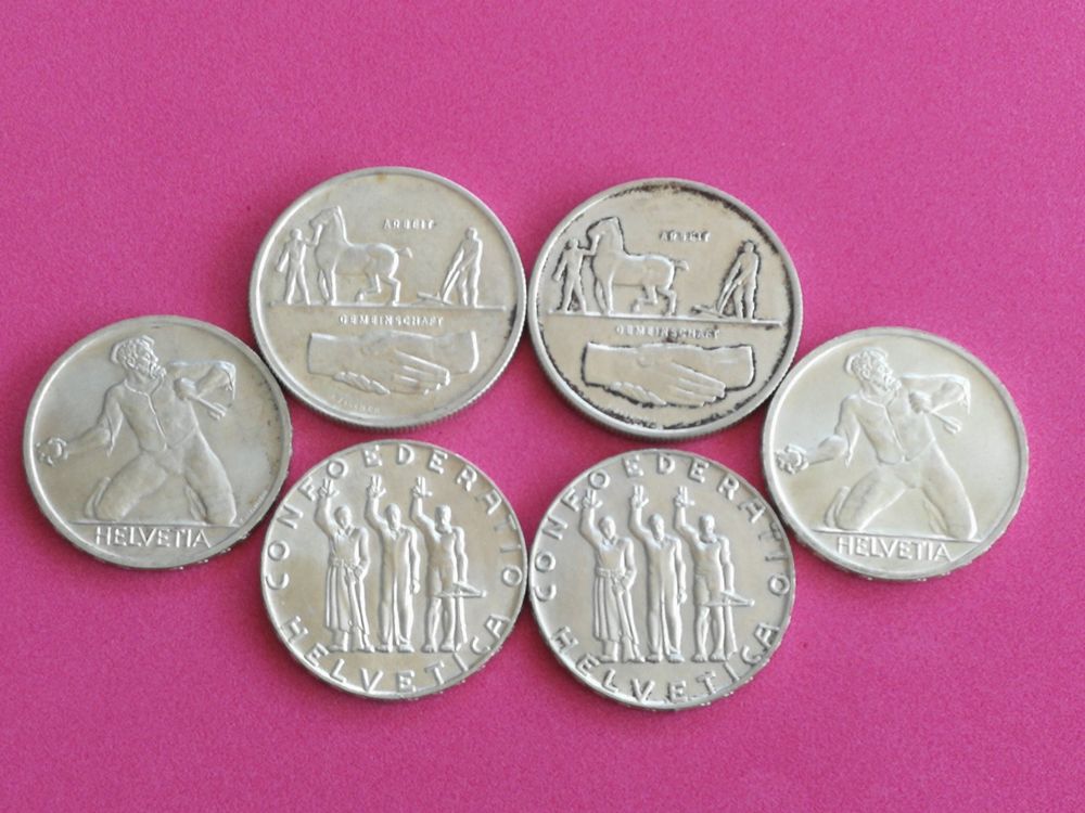 Schweiz - Lot 5 Franken Gedenkmünzen - 1939 - 1944 (Gebraucht) in Boniswil für CHF 110 – mit ...