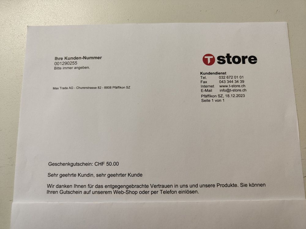 T-Store Geschenkgutschein Fr. 50.00 (Neu (gemäss Beschreibung)) in Nürensdorf für CHF 19.5 – mit ...