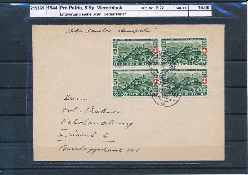 1944 Pro Patria 5 Rp. Viererblock, Bedarfsbrief | Kaufen auf Ricardo