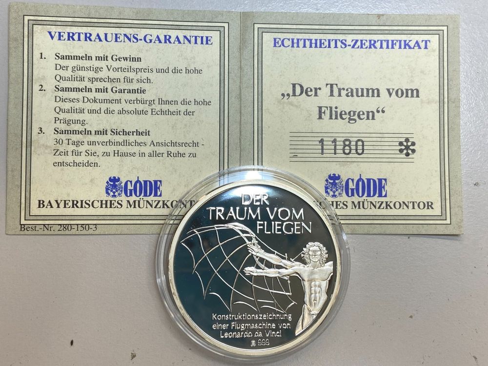 Medaille Silber 999 20g Traum v. Fliegen Wright-Doppeldecker (Neu und originalverpackt) in ...