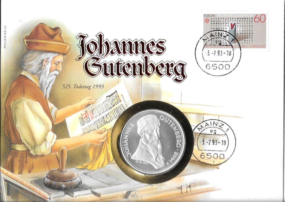 Münzbrief Medaille Johannes Gutenberg 1993 | Kaufen auf Ricardo