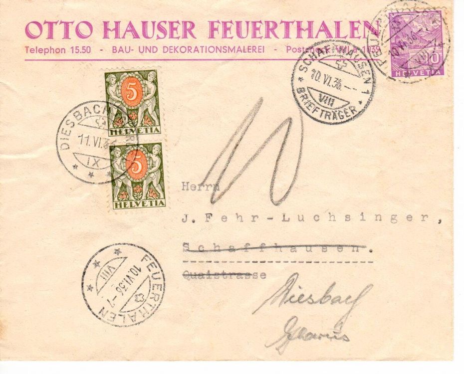 Brief, Otto Hauser Feuerthalen 1936 mit Nachporto (Gebraucht) in ...
