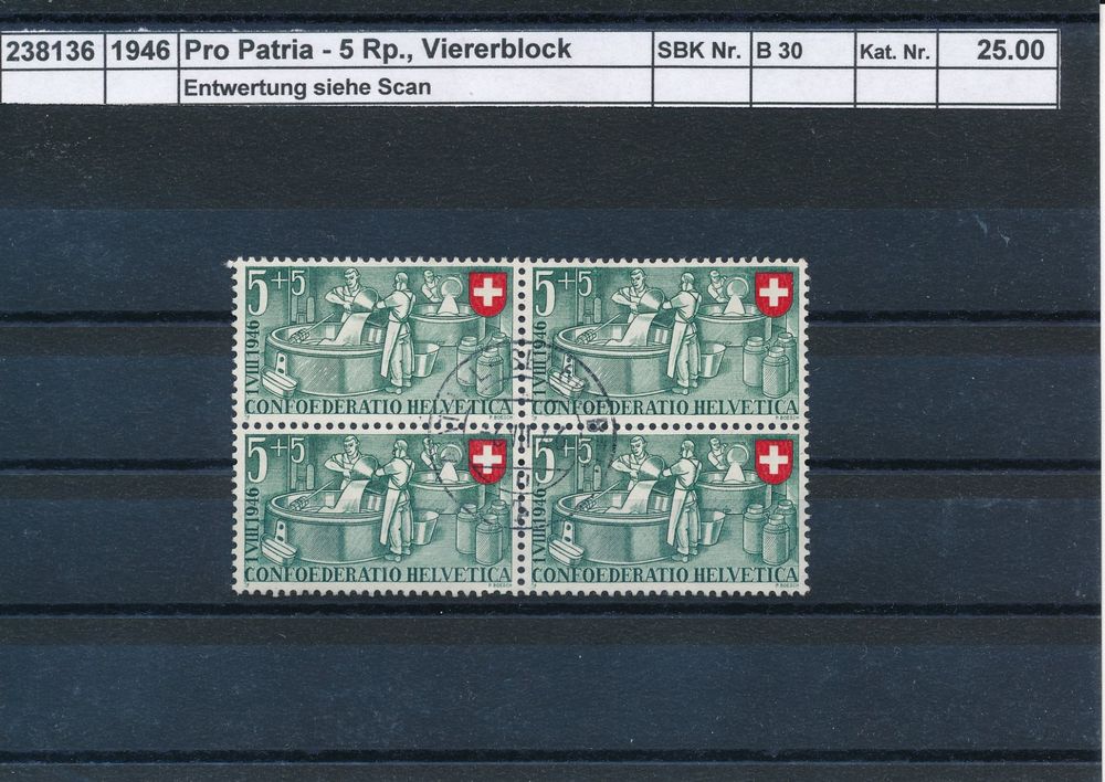 1946 Pro Patria - 5 Rp. Viererblock , gestempelt (Gebraucht) in Winterthur für CHF 5 – mit ...