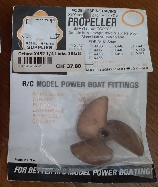 Propeller boat COPPER 46mm OCTURA X450 1/4 links 3blatt (Neu und originalverpackt) in Trélex für ...