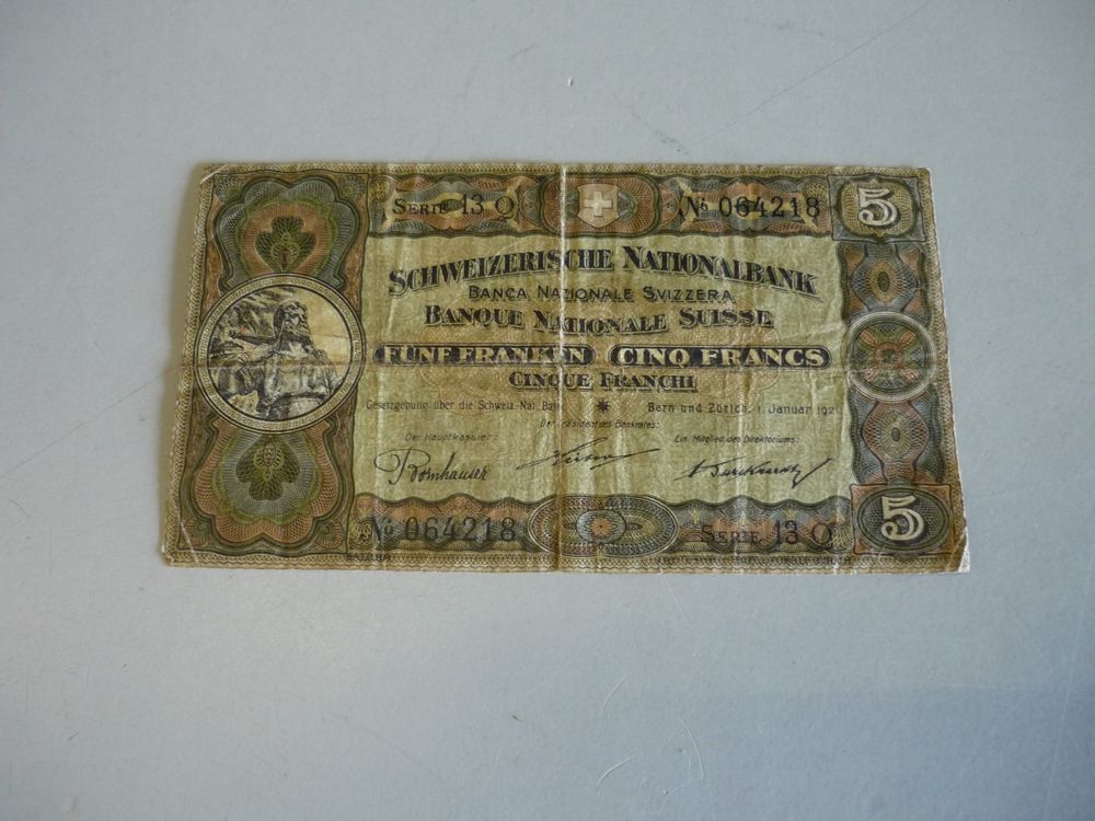 alte Schweizer Banknote 5 Franken 1921 Note 5.- Nötli (Gebraucht) in ...