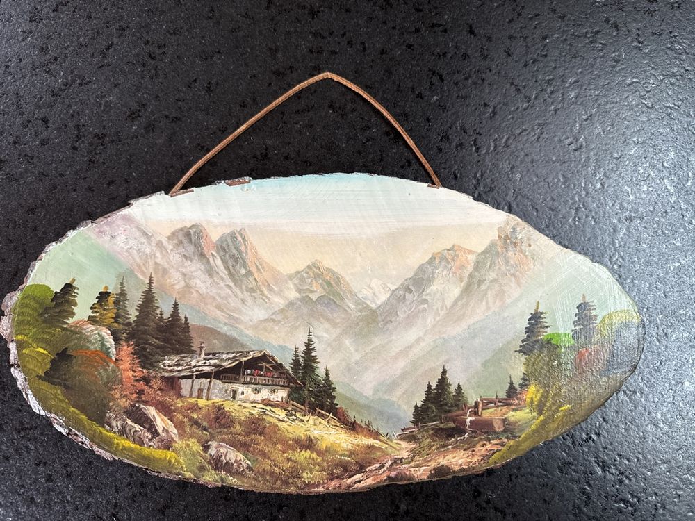 Gemälde auf Holz Bergwelt Hütte auf Holzscheibe (Gebraucht) in Schmitten FR für CHF 20 – mit ...