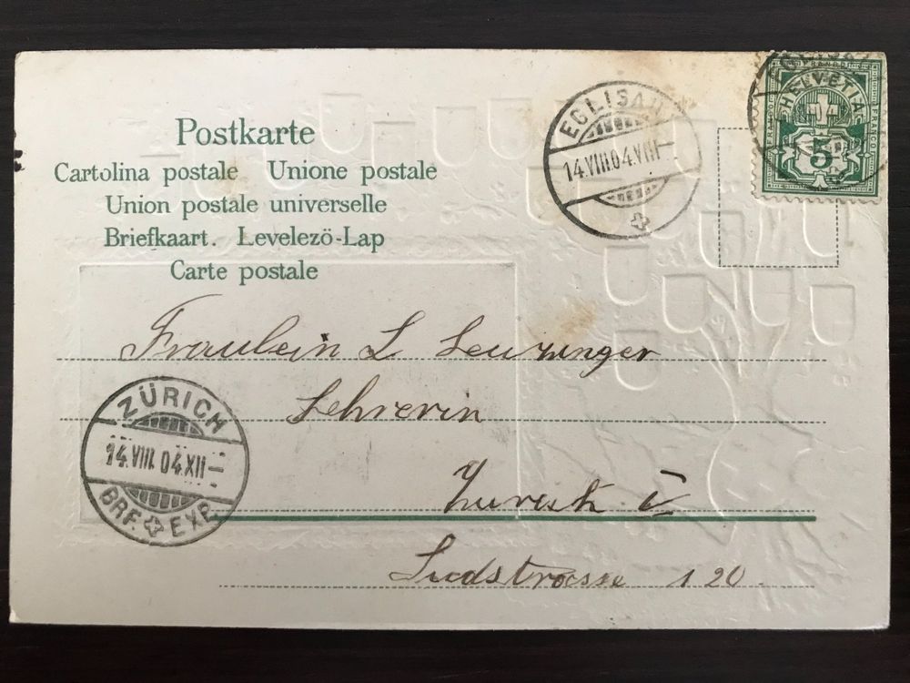 EGLISAU Schulhaus, belebt, Prägekarte, Wappen, 1904 (Gebraucht) in Wald ZH für CHF 9 – mit ...