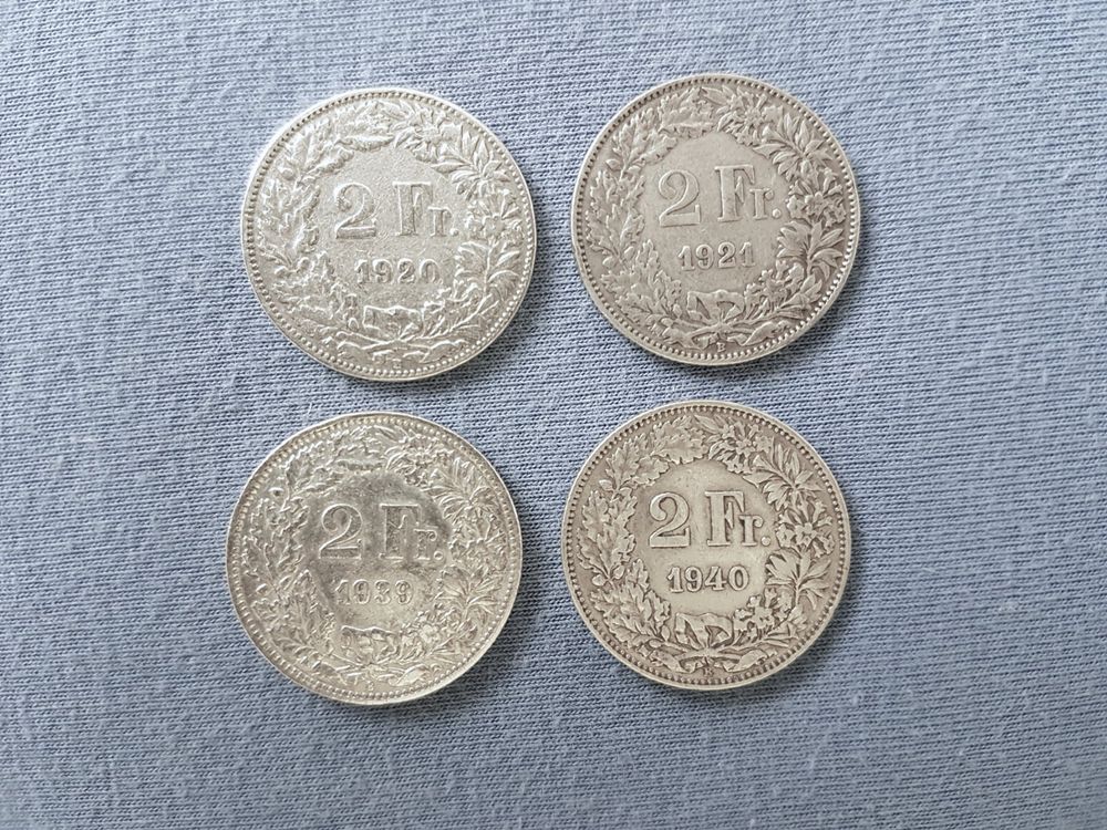 4 x 2 Fr Silbermünzen 1920 – 1921 – 1939 - 1940 ab nur 1 Fr! (Gebraucht) in Camignolo für CHF 22 ...