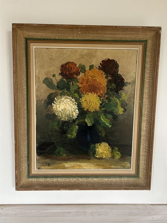 Blumenölgemälde, signiert E.B. gerahmt | Kaufen auf Ricardo