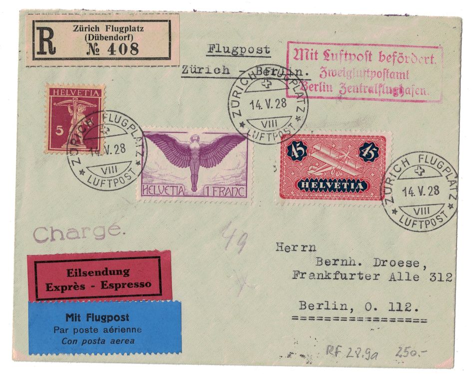RF 28.9a Bf Flugbrief Zürich Berlin, FP Nr 8+12 Tellk. 170 | Kaufen auf Ricardo
