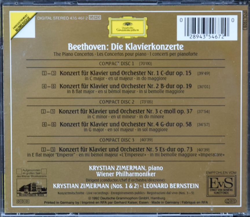 Beethoven Die Klavierkonzerte Nr. 1-5 Zimerman - 3 CD | Kaufen auf Ricardo