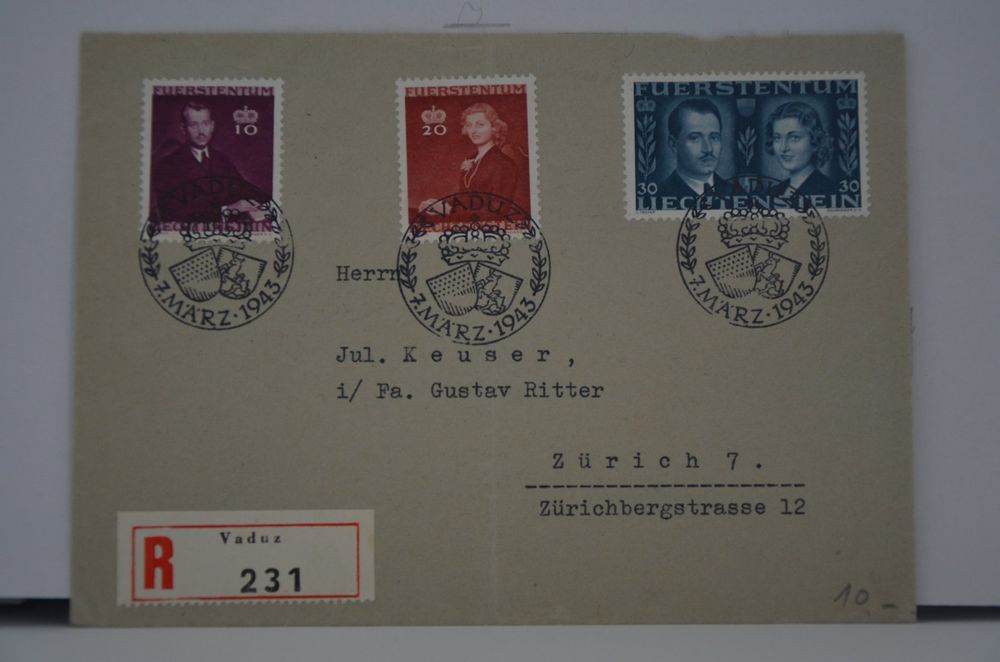 Fürstentum Lichtenstein FDC FL 7. März 1943 Vaduz (Neu (gemäss Beschreibung)) in Wetzikon ZH für ...