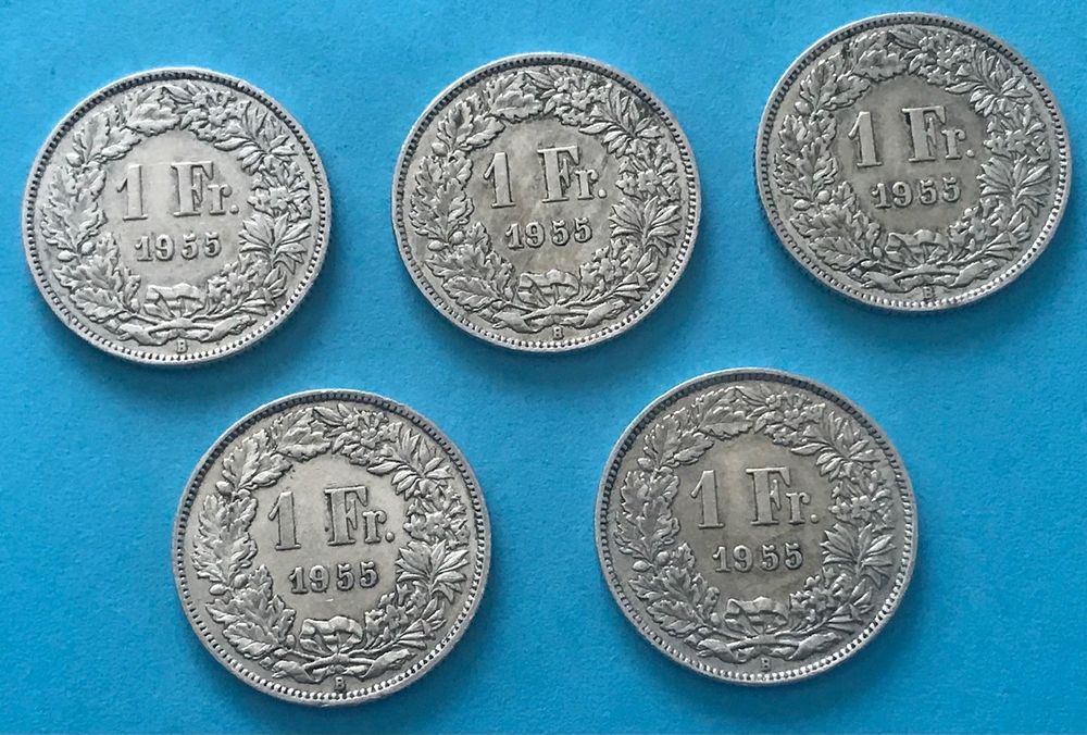 5 Schweizer Silber 1 Franken-Münzen alle von 1955 (Gebraucht) in Zürich für CHF 107 – mit ...