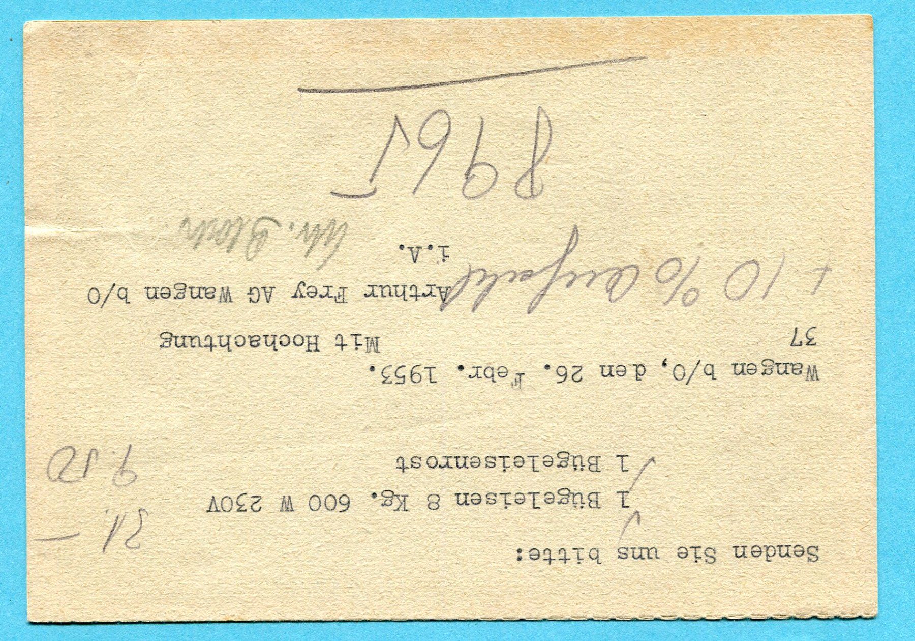 Postkarte Wangen b. Olten 1953 - Abs: A. Frey A.G. (Gebraucht) in ...