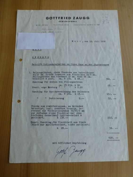 Muri-Bern, Gottfried Zaugg, Schlosserei, 1956 (Gebraucht) in Bettlach für CHF 1 – mit Lieferung ...