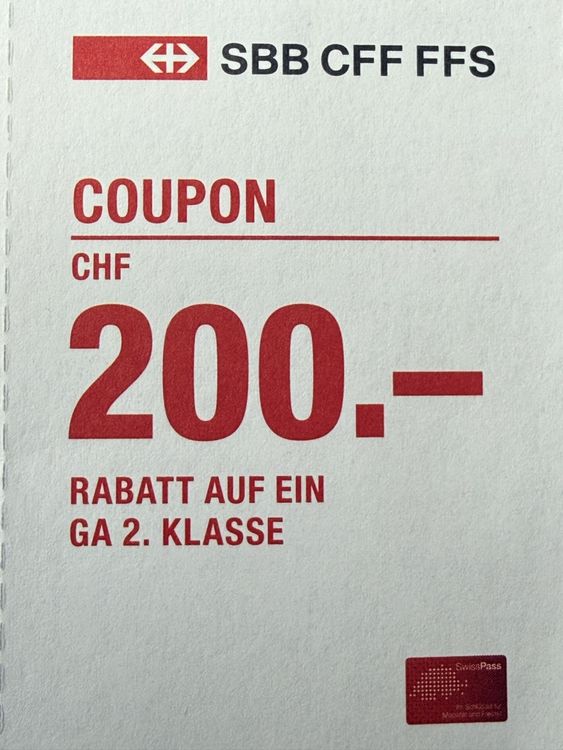 SBB CFF FFS GA Coupon Fr. 200.- Rabatt (Neu und originalverpackt) in ...