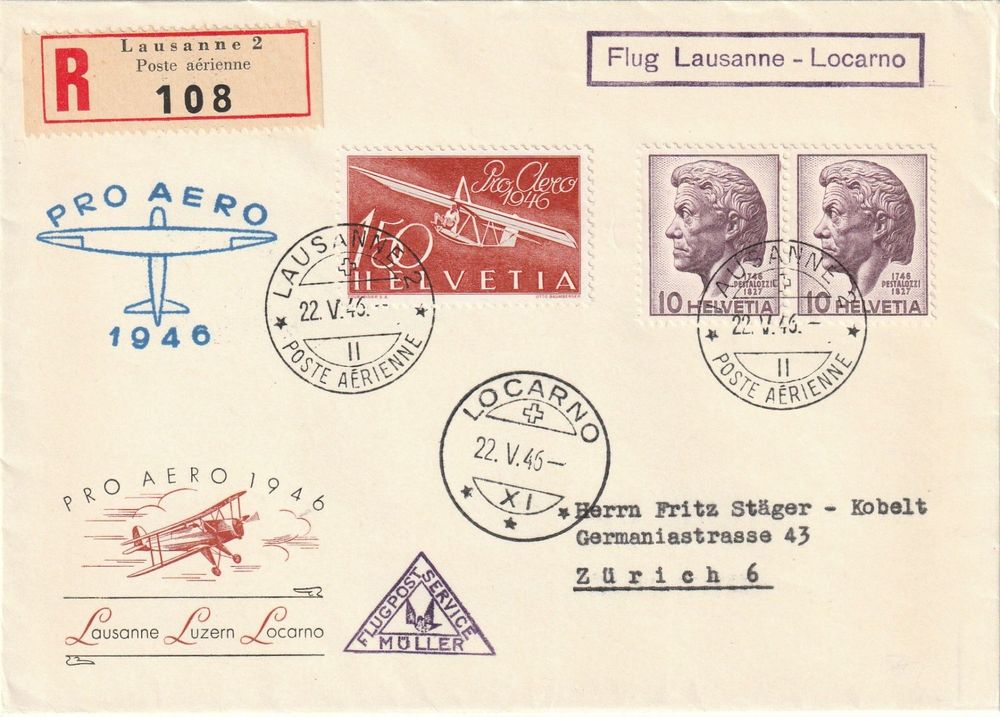 Pro Aero 1946, R-Brief von der Etappe Lausanne-Locarno (Gebraucht) in Turgi für CHF 5 – mit ...