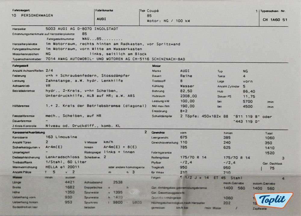 ORIGINAL TYPENSCHEIN KARTE - AUDI COUPÉ - 85 - NR. 1A60 51 (Gebraucht ...