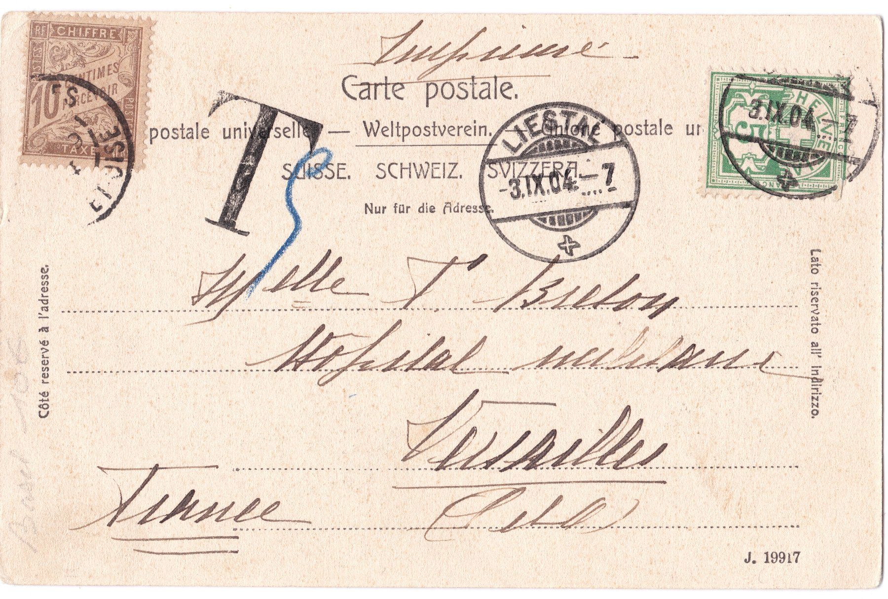 AK Liestal 1904 nach Versailles-F, taxiert T5 10c chiffre (Gebraucht ...