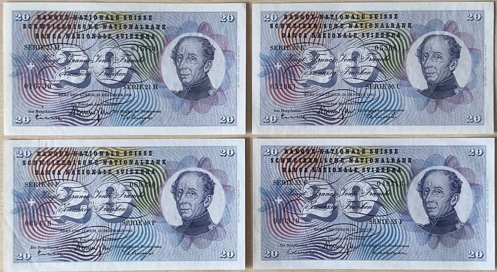 4 sehr schöne Schweizer 20 Franken-Banknoten 1959/61/65/67 (Gebraucht ...