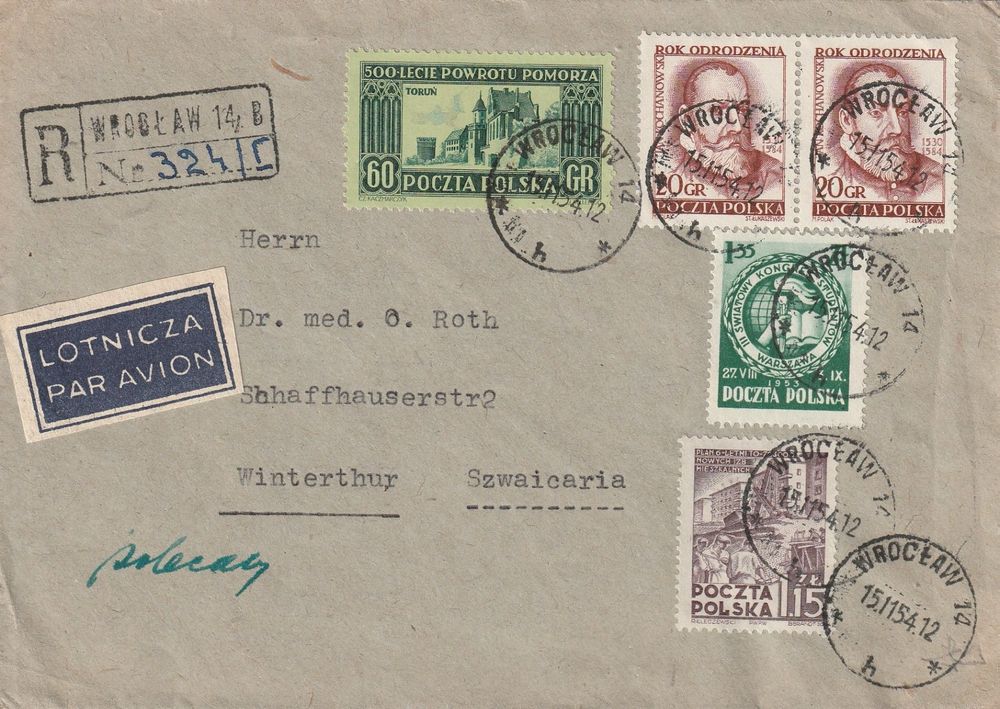 R-Flugbrief von Wroclaw nach Winterthur. 15.11.1954 (Gebraucht) in Zürich für CHF 0.7 – mit ...