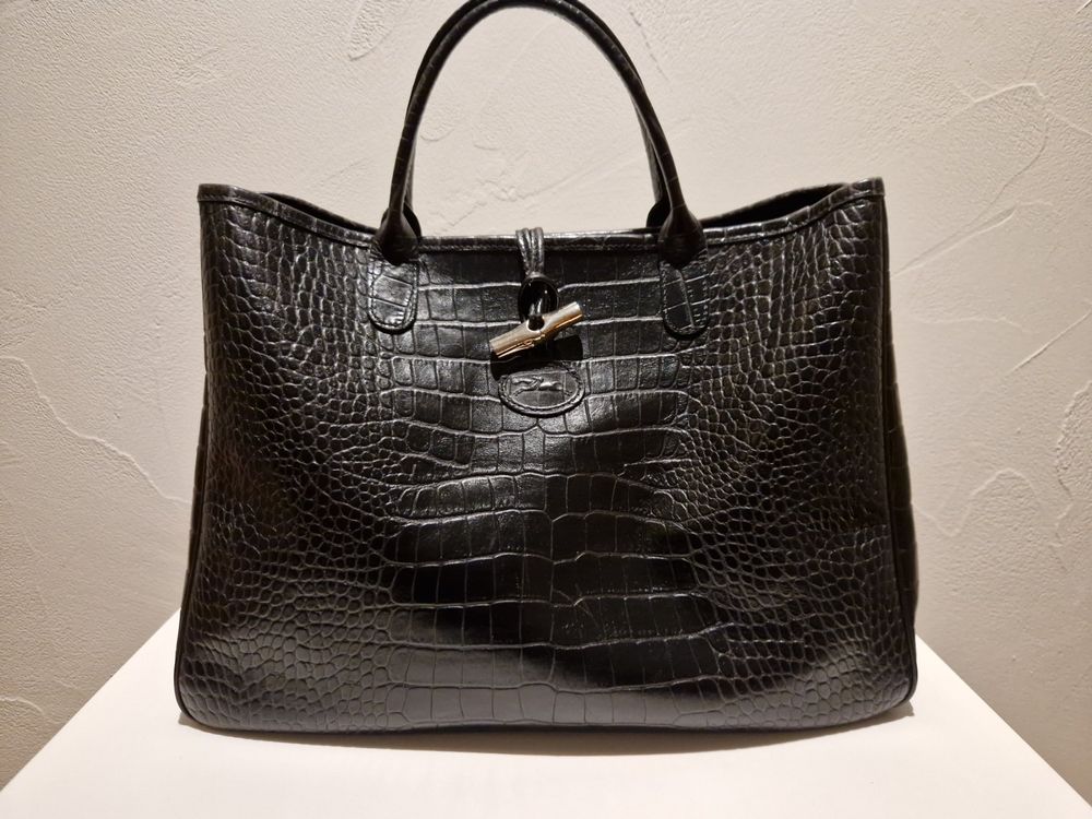 Sac à main Longchamp Roseau, cuir, noir, style croco (D'occasion) à ...