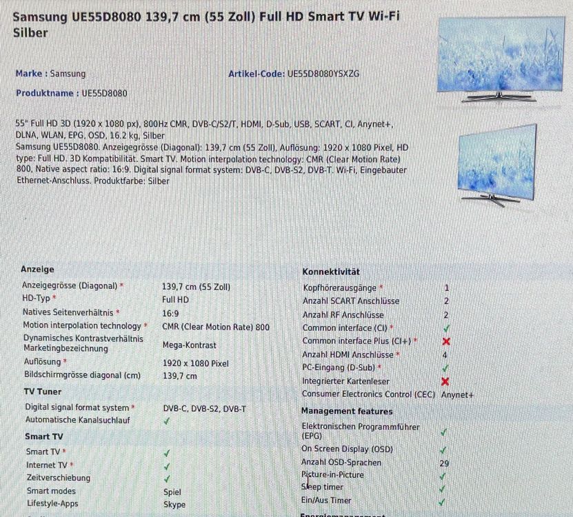 SAMSUNG TV 55“ UE55D8080 3D | Kaufen auf Ricardo