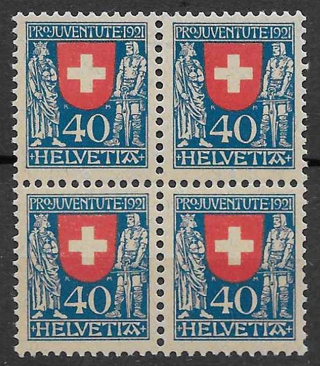 1921: Pro Juventute 40 Rp.Viererblock Nr.J24 ** (Gebraucht) in Walperswil für CHF 14 – mit ...