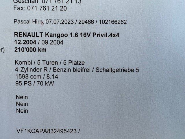Renault Kangoo 1.6 16V Privil.4x4 Anhängelast 2500kg (Gebraucht) in ...