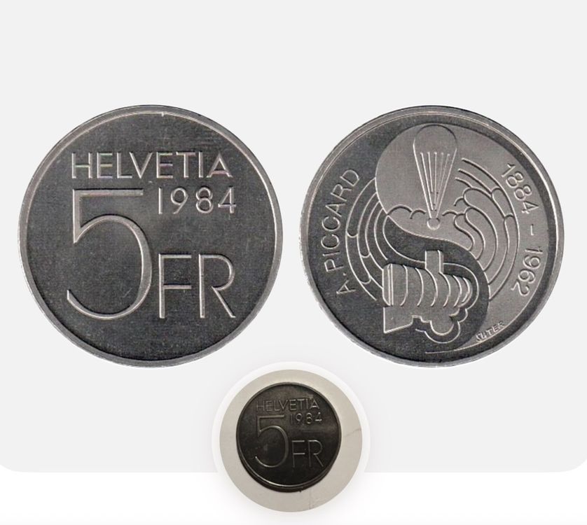Schweiz 5 Franken Münze 1984 A. Piccard Gedenkmünze selte (Neu (gemäss ...