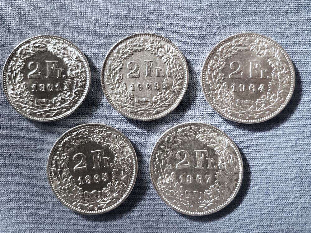 5 x 2 Fr schöne Silberm. 1961 bis 1967 kompl. Serie ab 1 Fr! (Gebraucht) in Camignolo für CHF 27 ...
