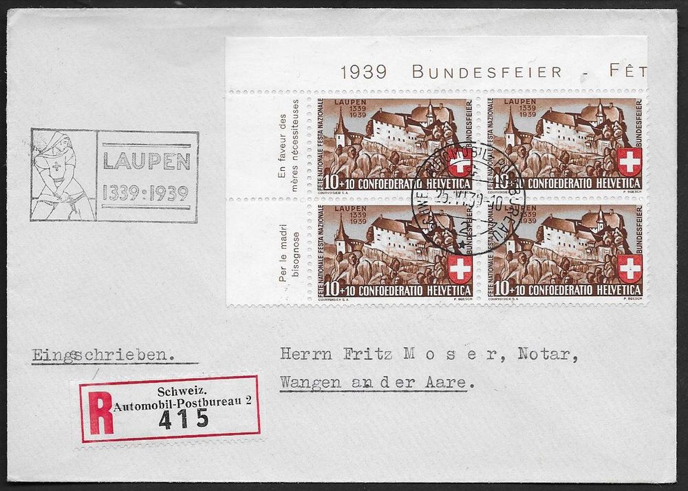 1939 R/Brief Sonder-o LAUPEN Schloss B2 4erBlock Top ab 1.- (Gebraucht) in Zürich für CHF 9 ...
