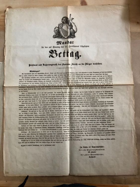 Mandat Bettag Regierungsrath Zürich 1862 (Gebraucht) in Zürich für CHF ...