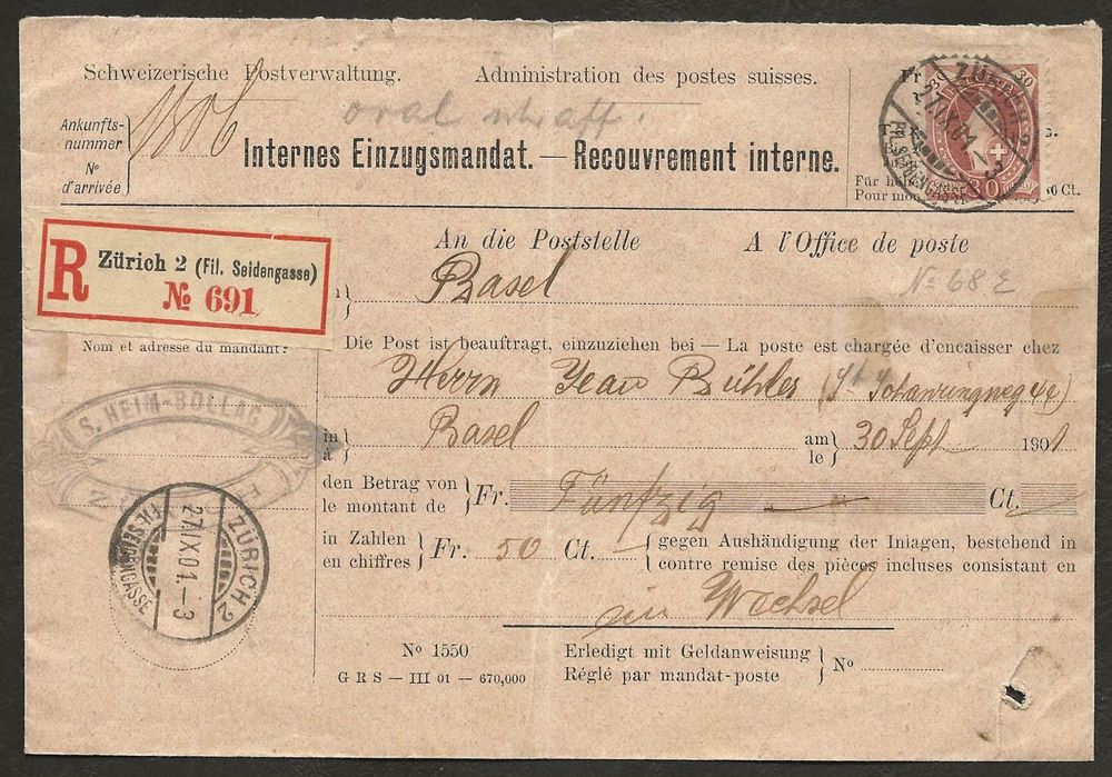 Schweiz 1901 Einzugsmandat stehende Helvetia 68E ZÜRICH | Kaufen auf Ricardo