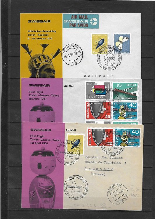 3 SF Belege 1957 SF57.1a + SF57.3a+b Kat: CHF 89.- (Gebraucht) in Basel ...