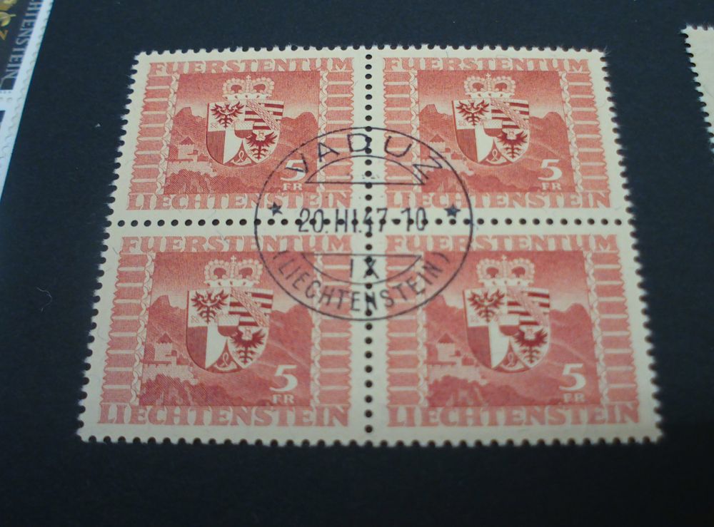 Liechtenstein, 4erblock 5.- Wappen, 1947 ET-o, mit Gummi ** (Gebraucht) in Niederwil AG für CHF ...