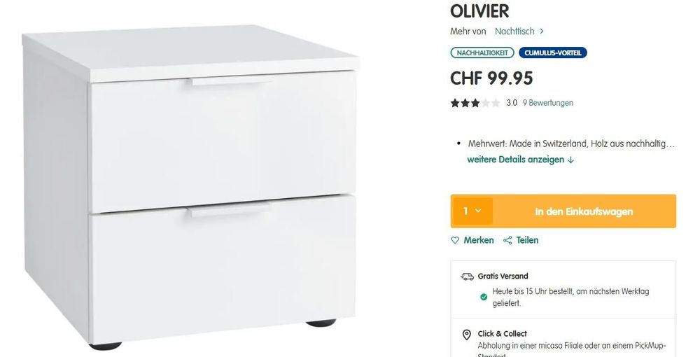 Nachttisch OLIVIER, weiss | Kaufen auf Ricardo