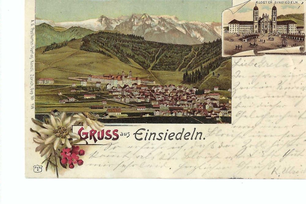 Gruss aus Einsiedeln Litho 1910, AG Postkarten-Verlag Künzli (Gebraucht) in Thun für CHF 1 – mit ...