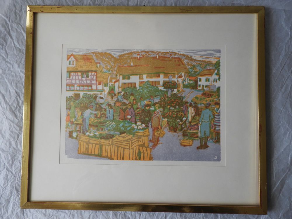 Zürich Land -Farbholzschnitt Markt im Dorf, gerahmt (Gebraucht) in Gutenswil für CHF 49 – mit ...
