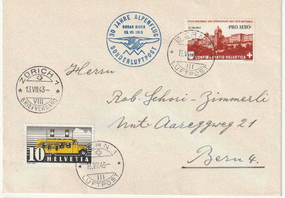 SF43.1a Pro Aero 1943 Bern - Zürich Kat. 25.- (Gebraucht) in Fislisbach für CHF 3 – mit ...