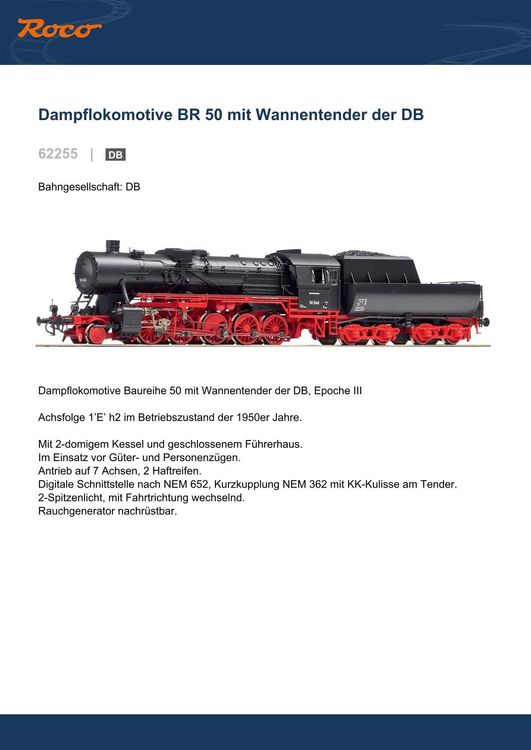 Roco 62255 - Dampflok BR 50 mit Wannentender der DB Ep. III (Neu und ...