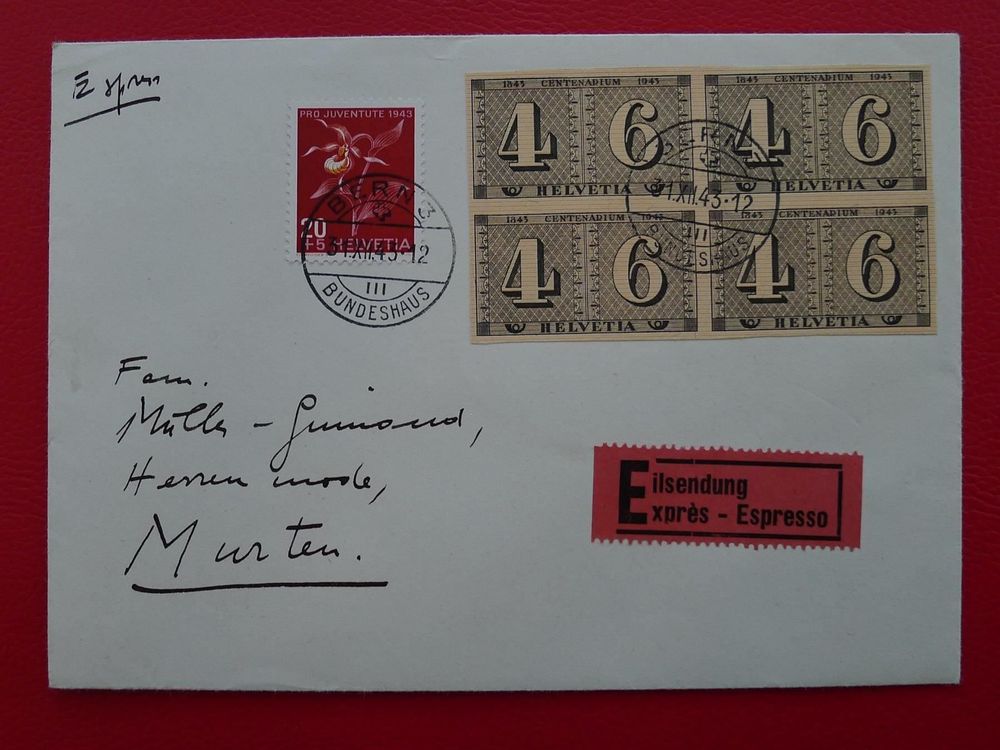 1943, W15 (4er-Block), Blockausschnitt auf Brief mit Express (Gebraucht) in Sursee für CHF 14.5 ...