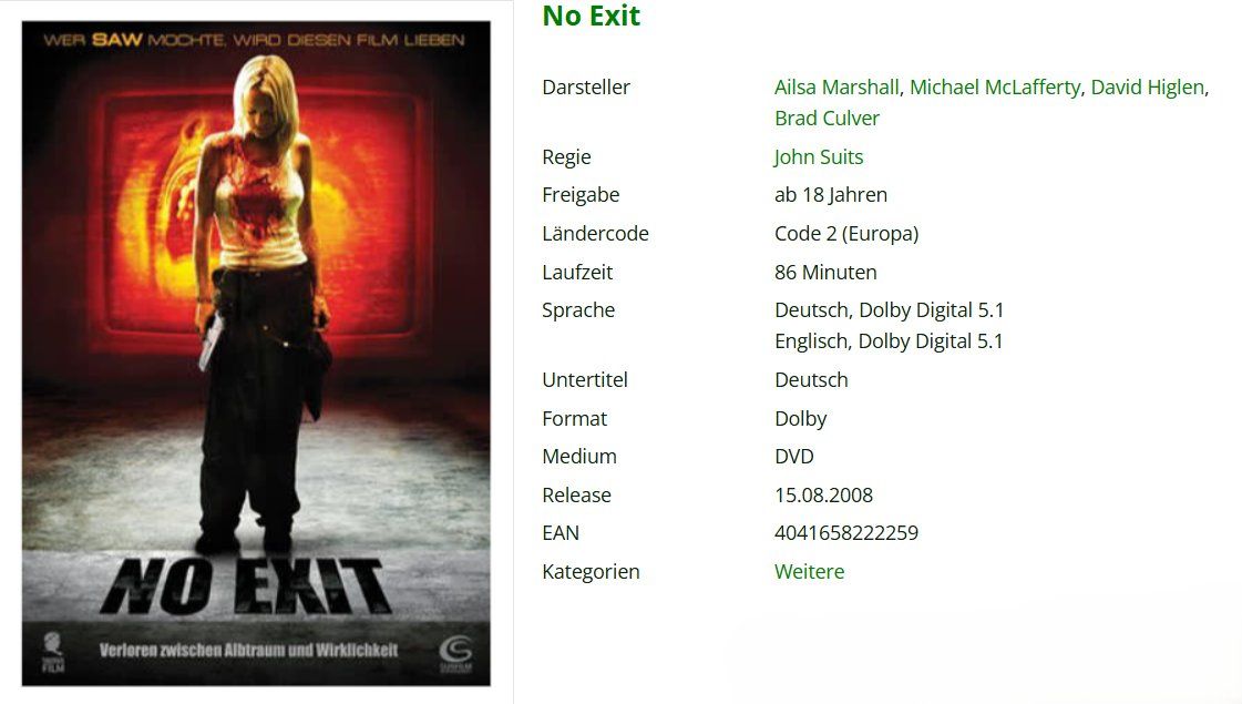No Exit -DVD-Verloren zwischen Albtraum und Wirklichkeit (Gebraucht) in ...